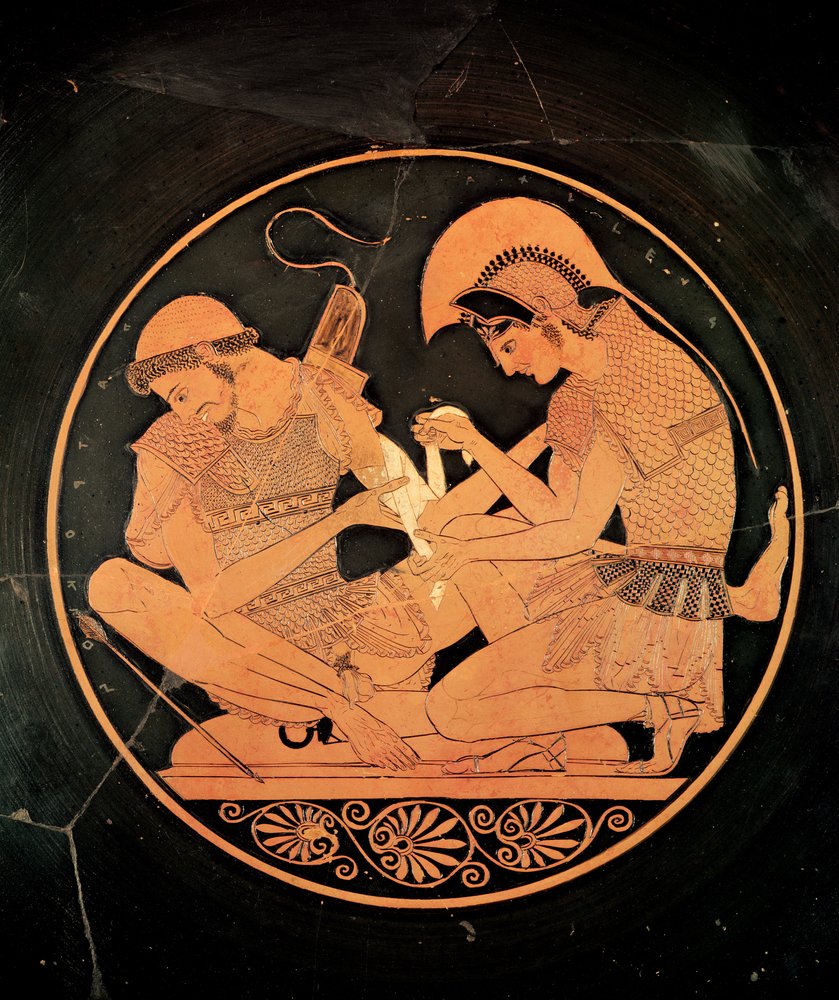 Interior of an attic red figure kylix depicting Achilles Tending the Wounded Patrocles, from Vulci