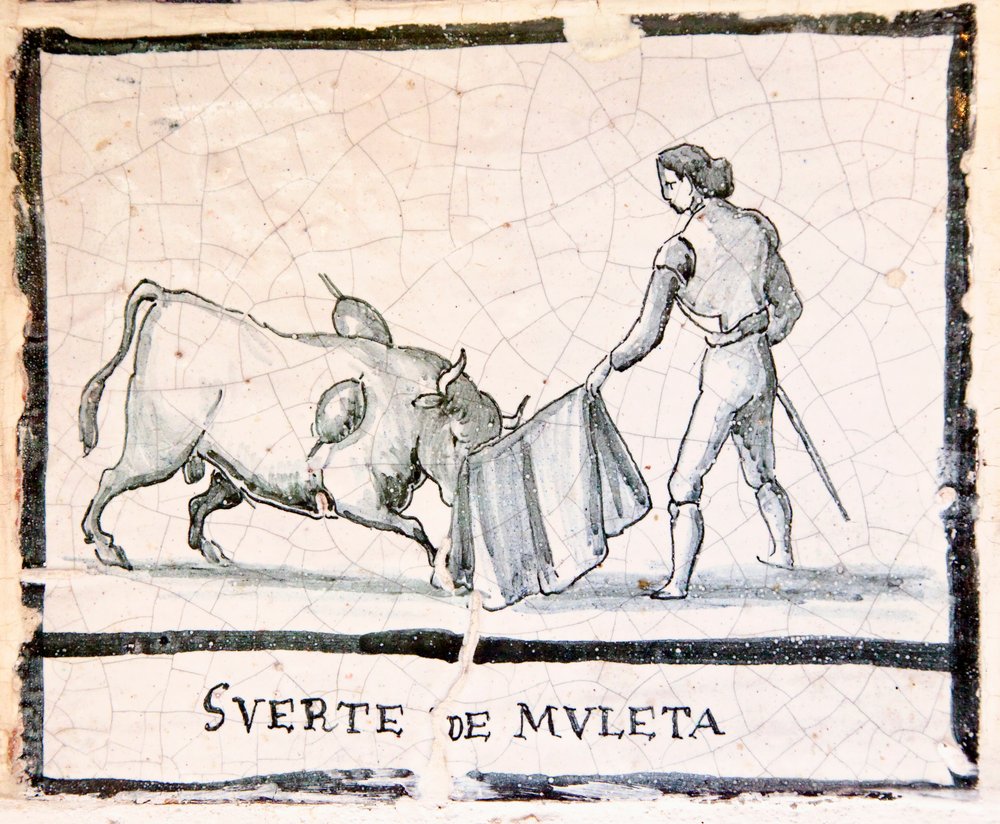 Bullfight scene on an antique tile - The Muleta Stage