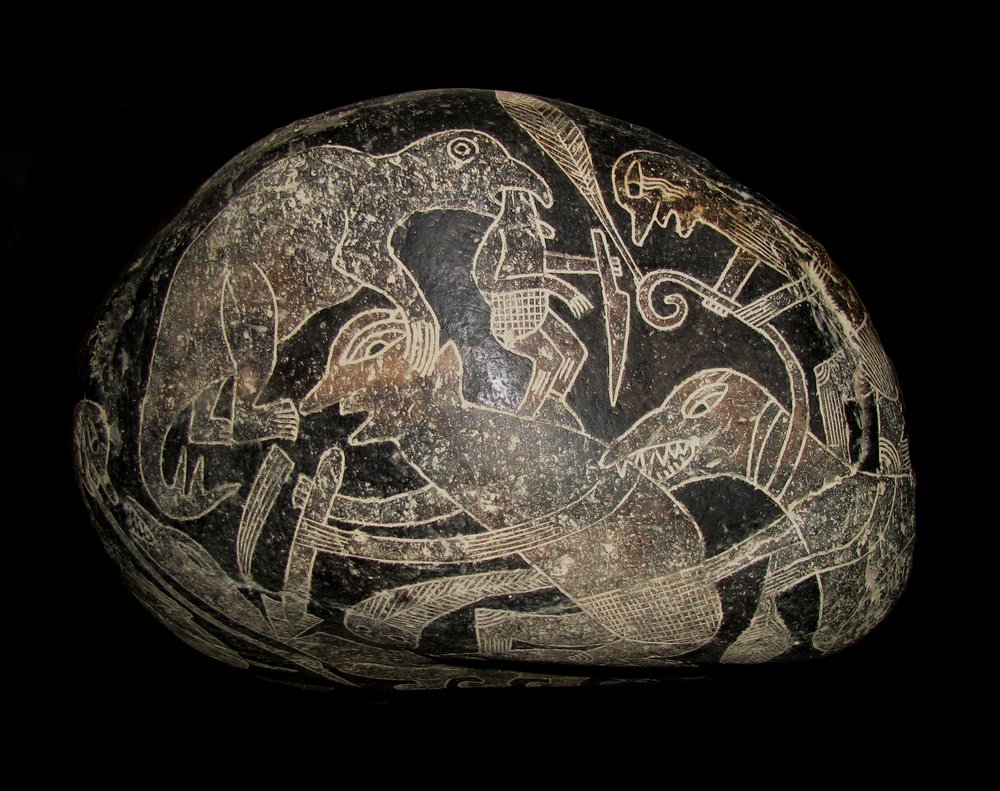 The ica stone. A dinosaur killing a man by The Ica stones.