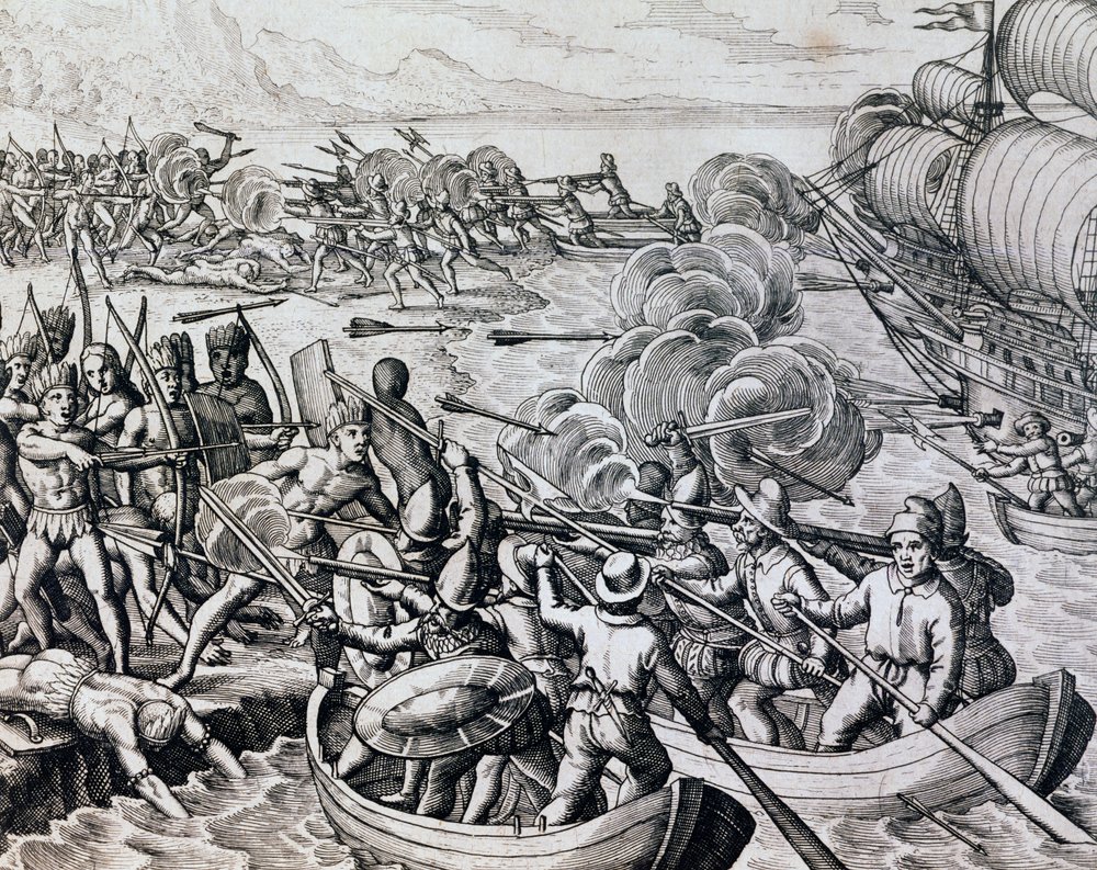 Clash between Native Indians and Spanish Troops, Engraving from ...