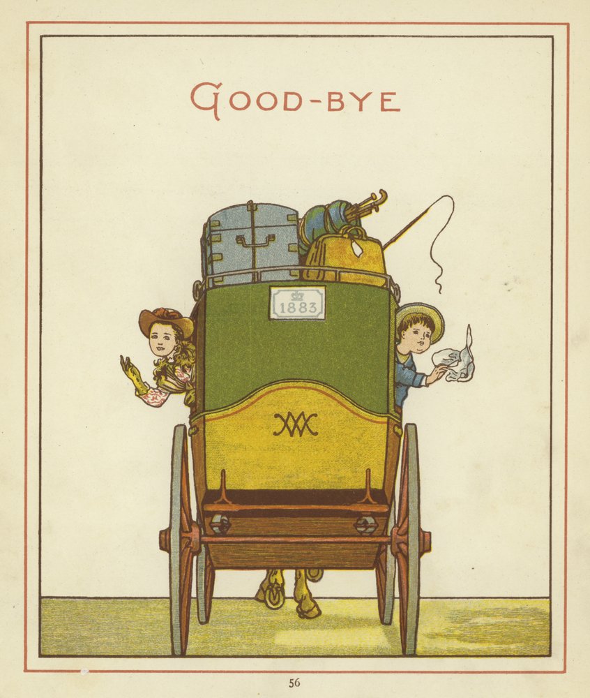 Rear view of a carriage with two children waving from the windows