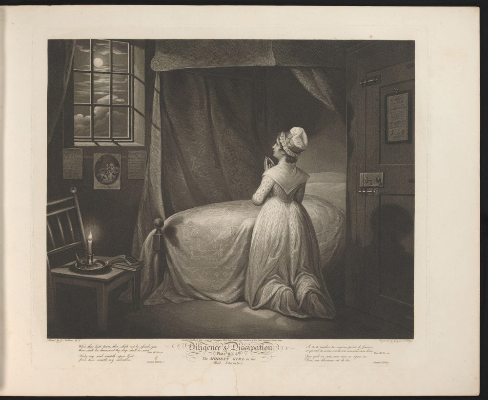 Modest Maid Praying in Her Bedroom (Plate 4. The Modest Girl in the Bed ...