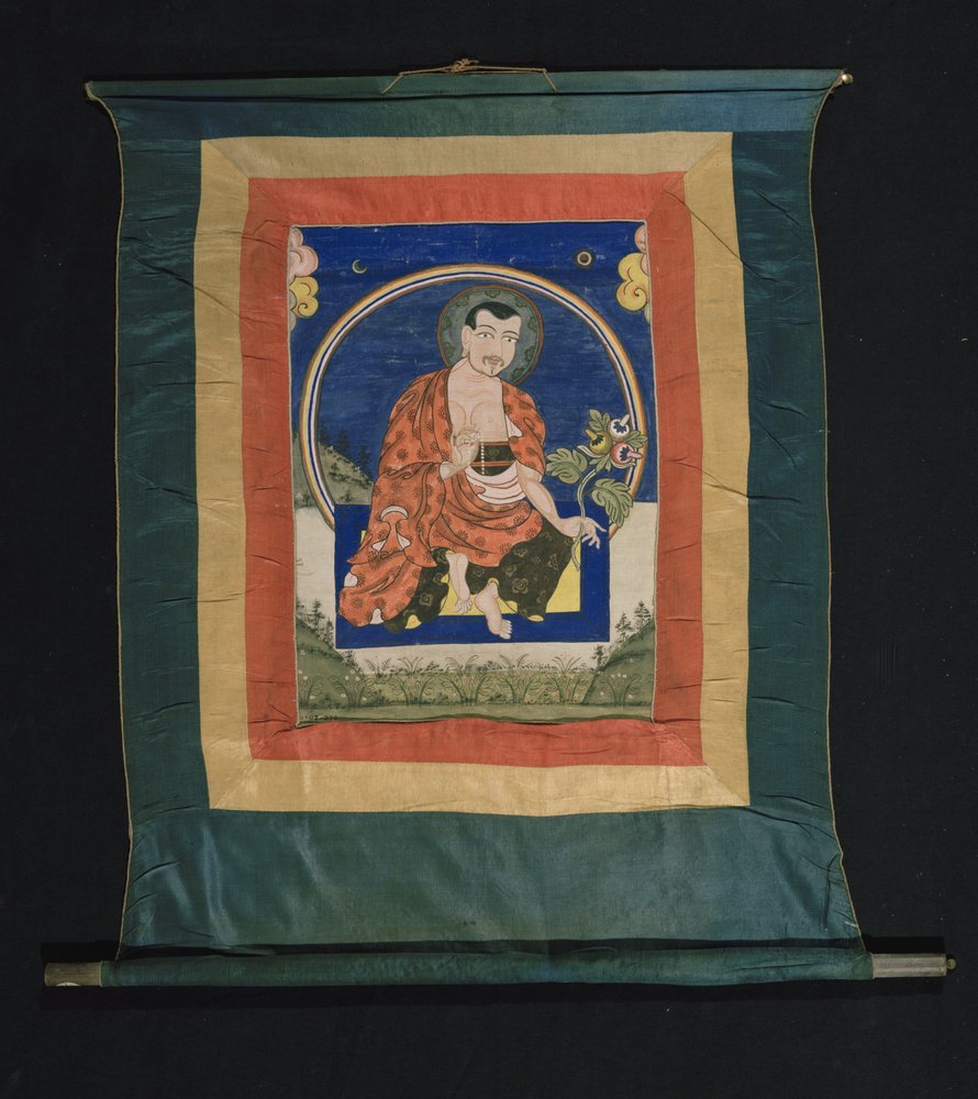 Thangka painting depicting Arhat in monks robes holding mala prayer ...