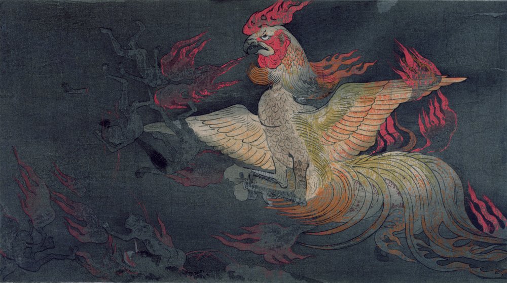 A monstrous animal with the head of a cock, spitting flames ...
