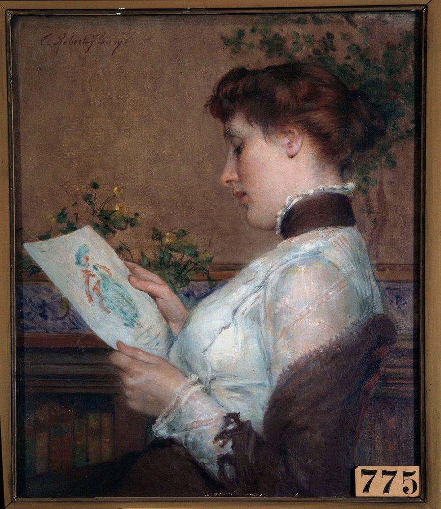 A Woman Admiring a Drawing by Tony Robert Fleury