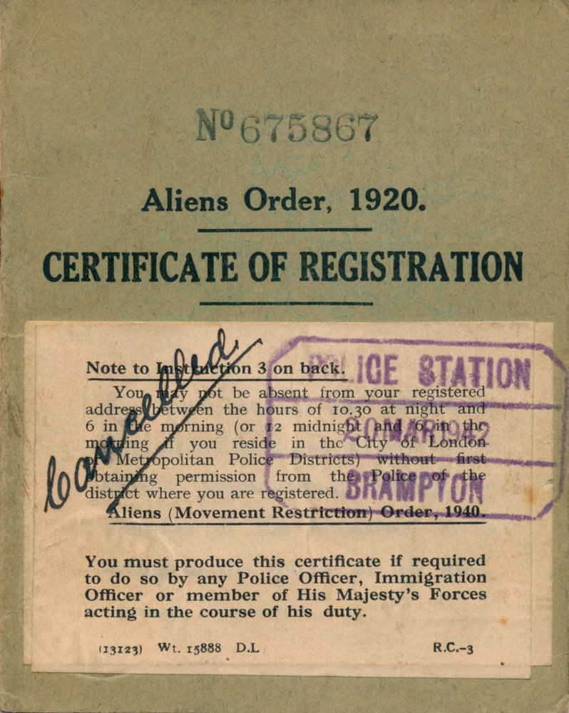 Aliens Order, Certificate of Registration by Unbekannt