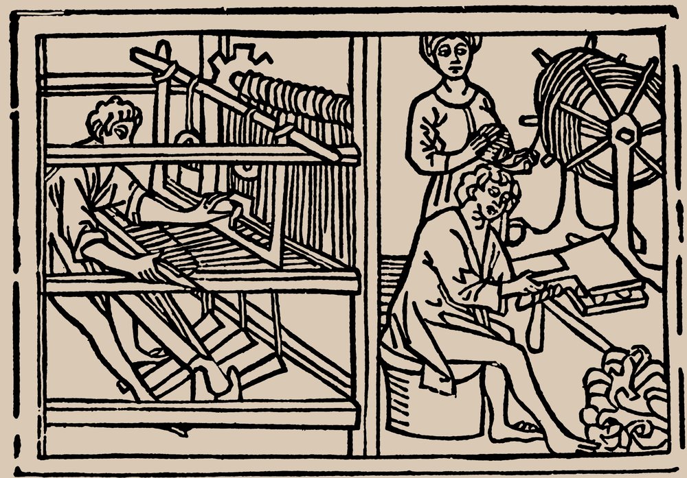 Combing, spinning and weaving of wool. From Speculum Vitae Humanae by ...