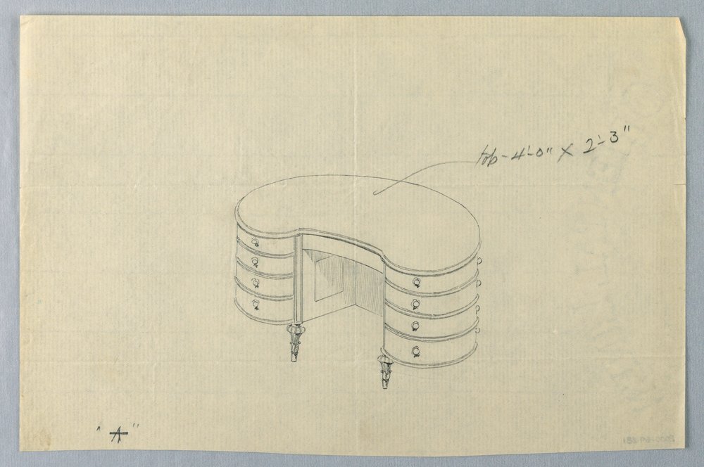 Drawing, Design for Kidney-Shaped Writing Table A with Eight Drawers