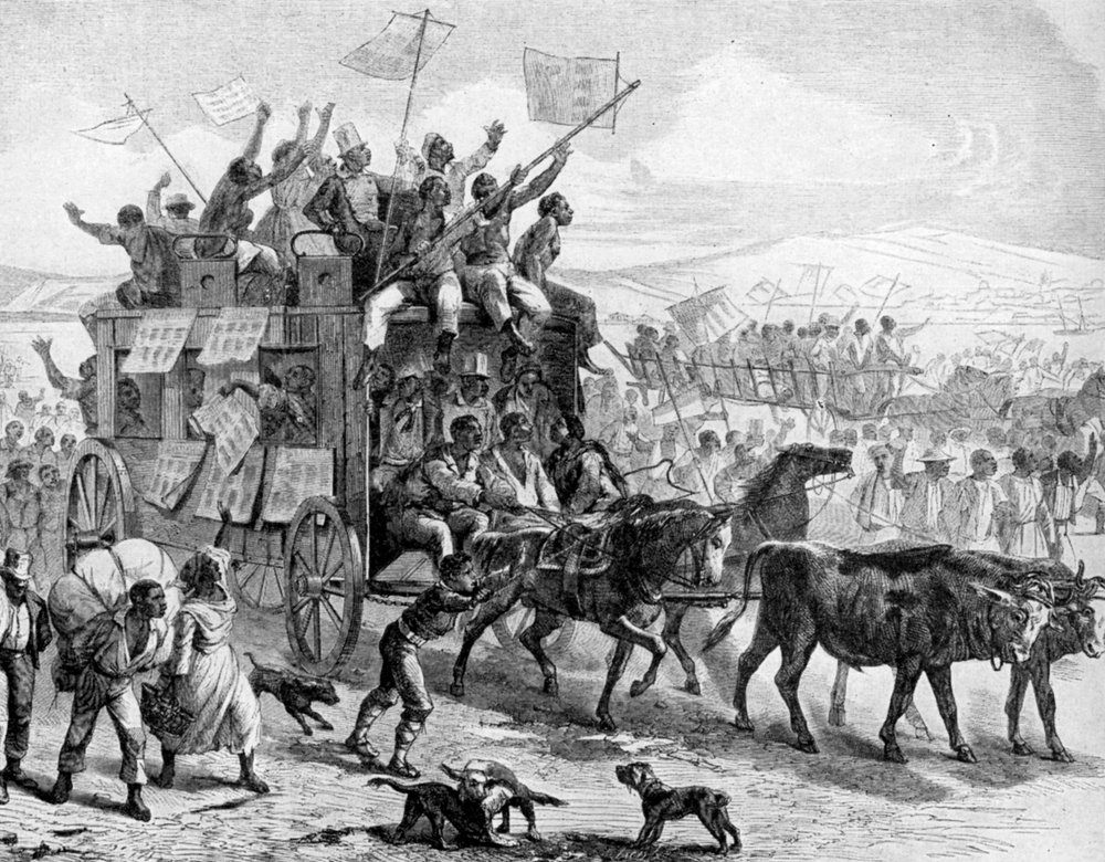 Ex-slaves parading with liberation manifestos, American Civil War, 1861 ...