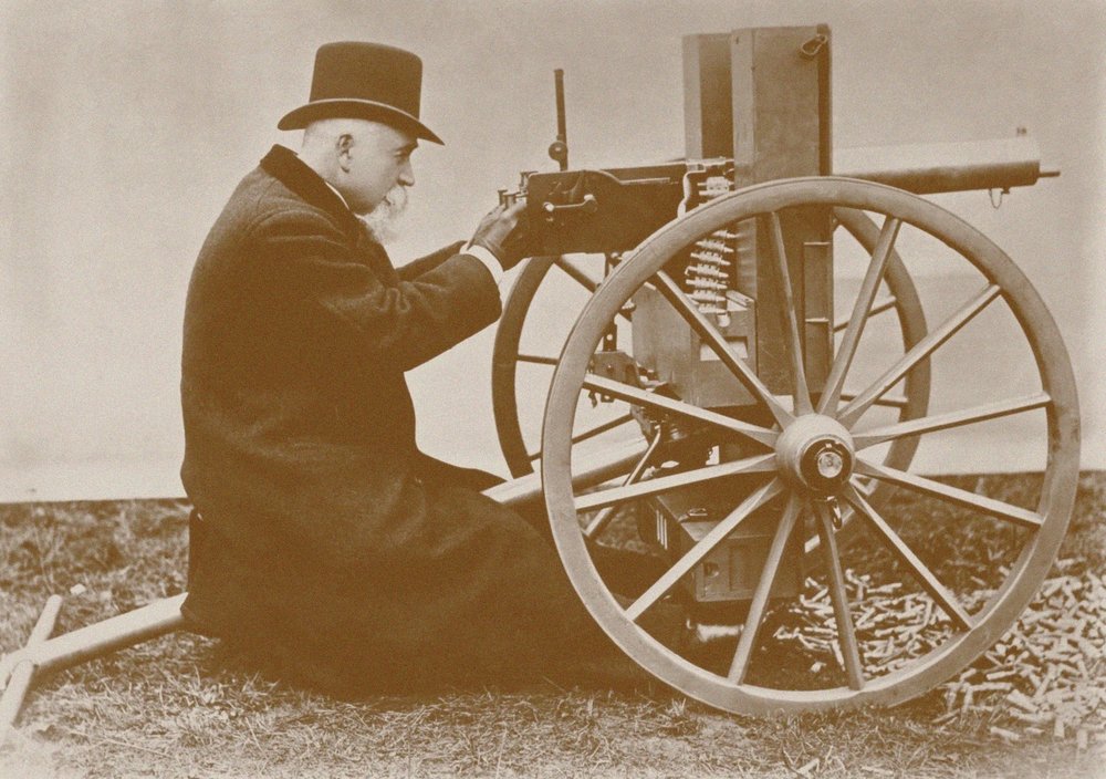 Hiram Maxim 1840-1916 Presents the First Automatic Machine Gun, 1884