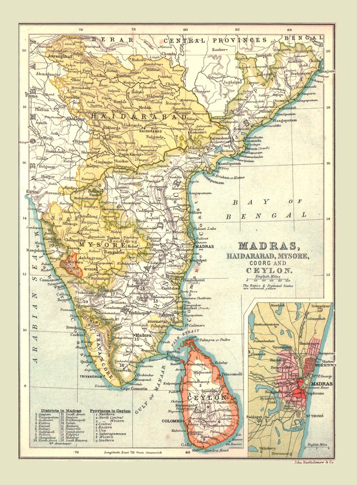 Map of Madras, Hyderabad, Mysore, Coorg and Ceylon