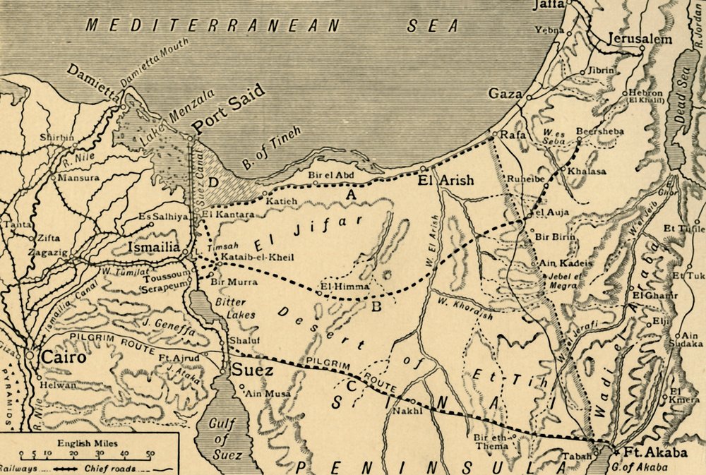 Map of the Turkish attack on the Suez Canal, Egypt, First World War
