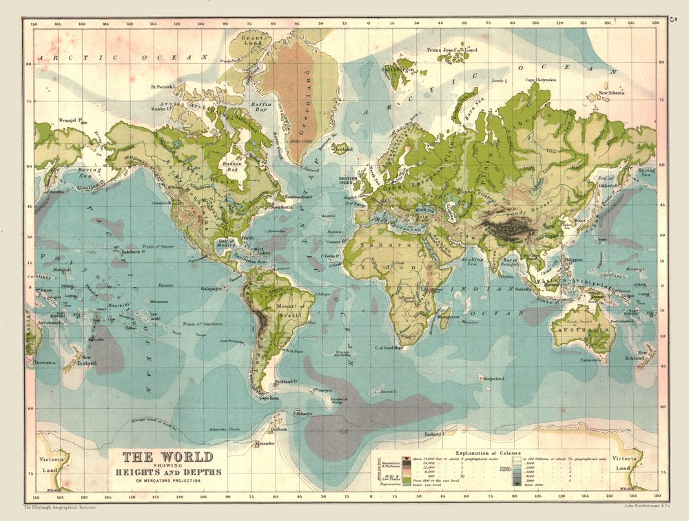 Map of the World Showing Heights and Depths, 1902