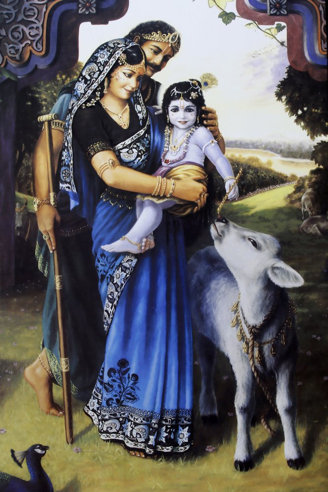 Hindu God Krishna as a Baby with His Foster Parents Yashoda & Nanda, India