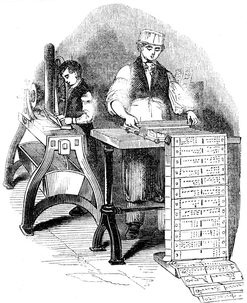 Preparing punched cards for a Jacquard loom, 1844