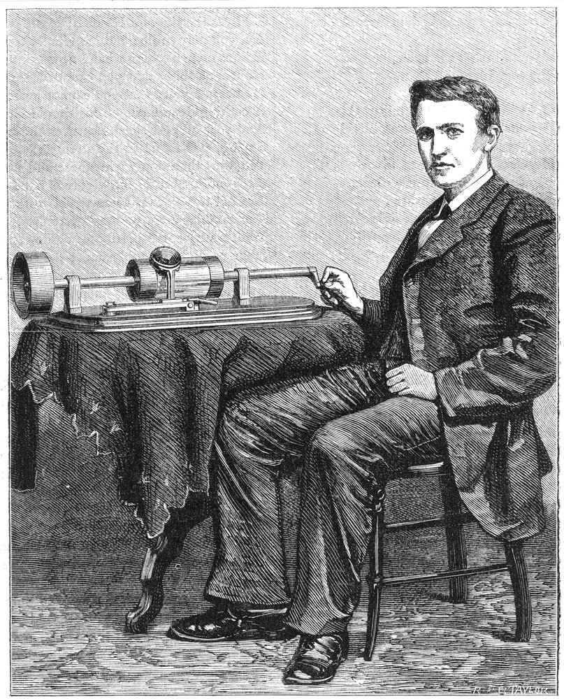 Thomas Alva Edison with an Early Hand-Driven Model of His Phonograph