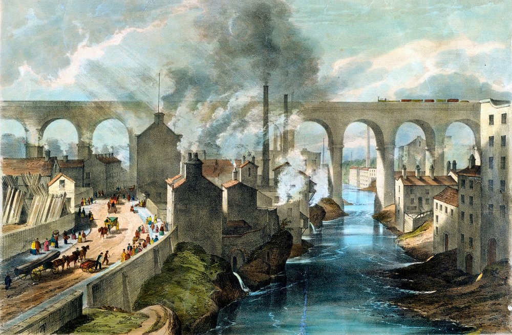 Train crossing Stockport viaduct on the London & North Western Railway
