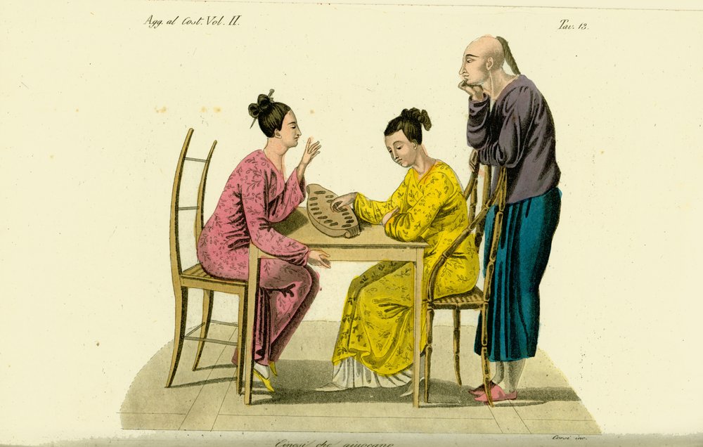 Two Chinese Women Playing the Game of Congkak or Tchonka, Timor