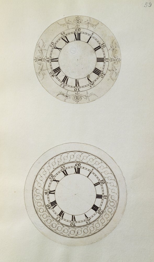 Two designs for large enamel watch dials, from mechanical notes and ...