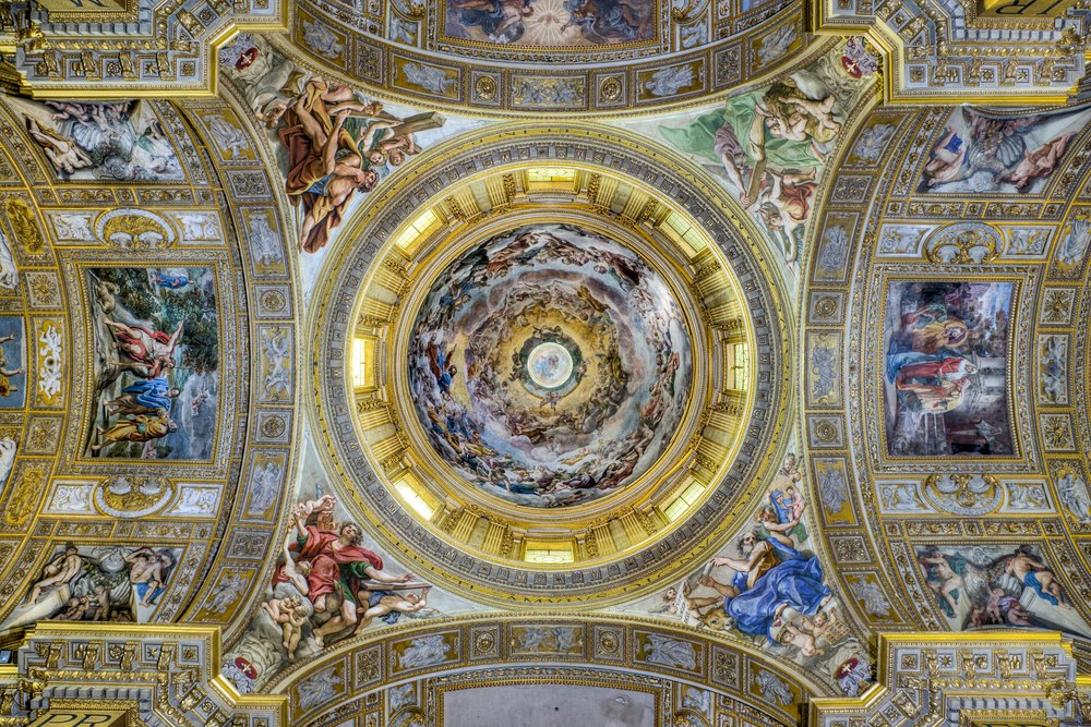 View of the transept ceiling with the pendentives and the dome, Sant'Andrea della Valle, Rome, Italy