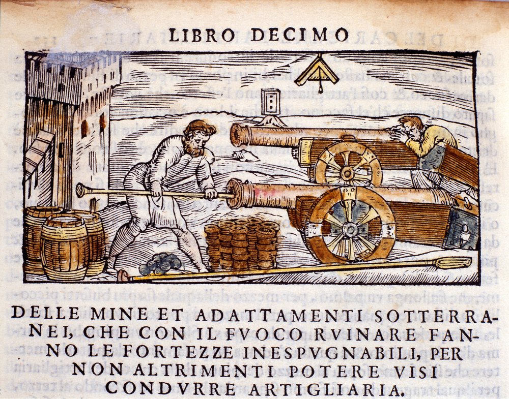 A gunner loading a gun with explosives. Engraving from the metallurgy ...