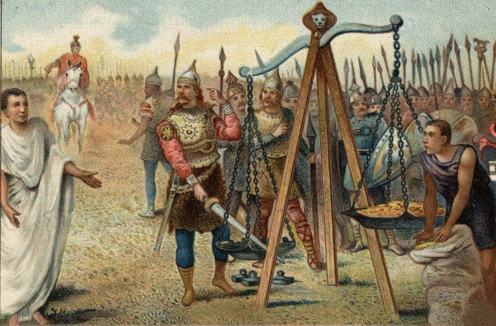 Brennus Putting His Sword in the Balance, 390 BC. Faced with the ...