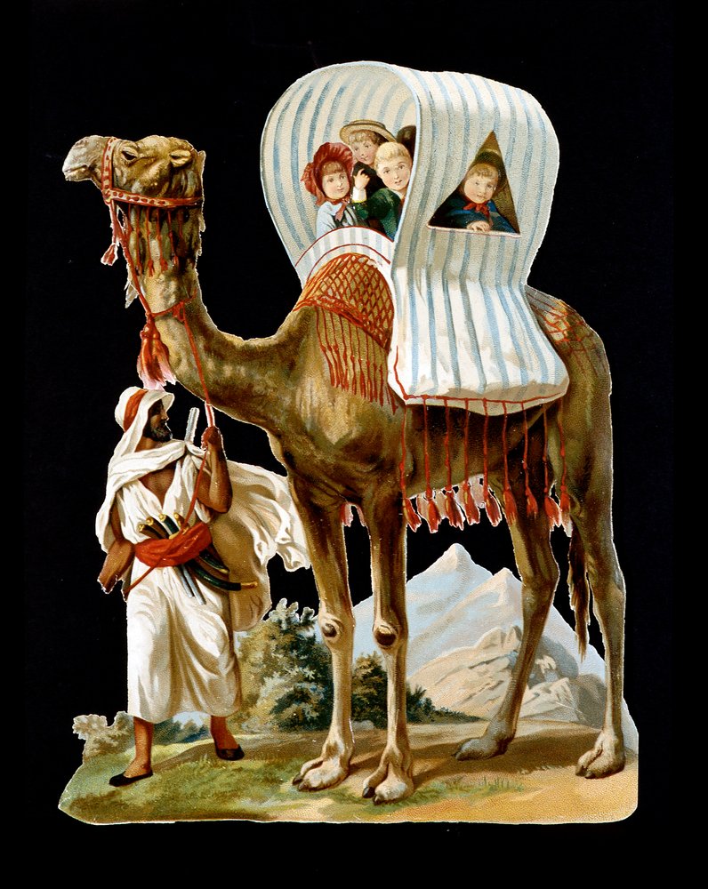 Children walk in a camel-back basket, Algeria - chromolithograph, late 19th century