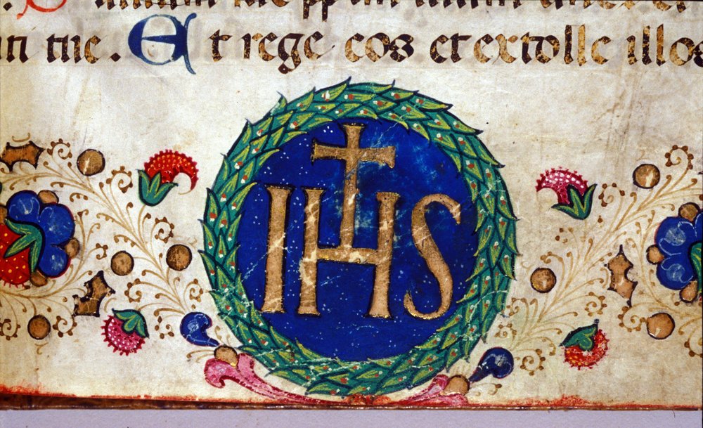 IHS Christian symbol meaning Jesus. 15th century manuscript
