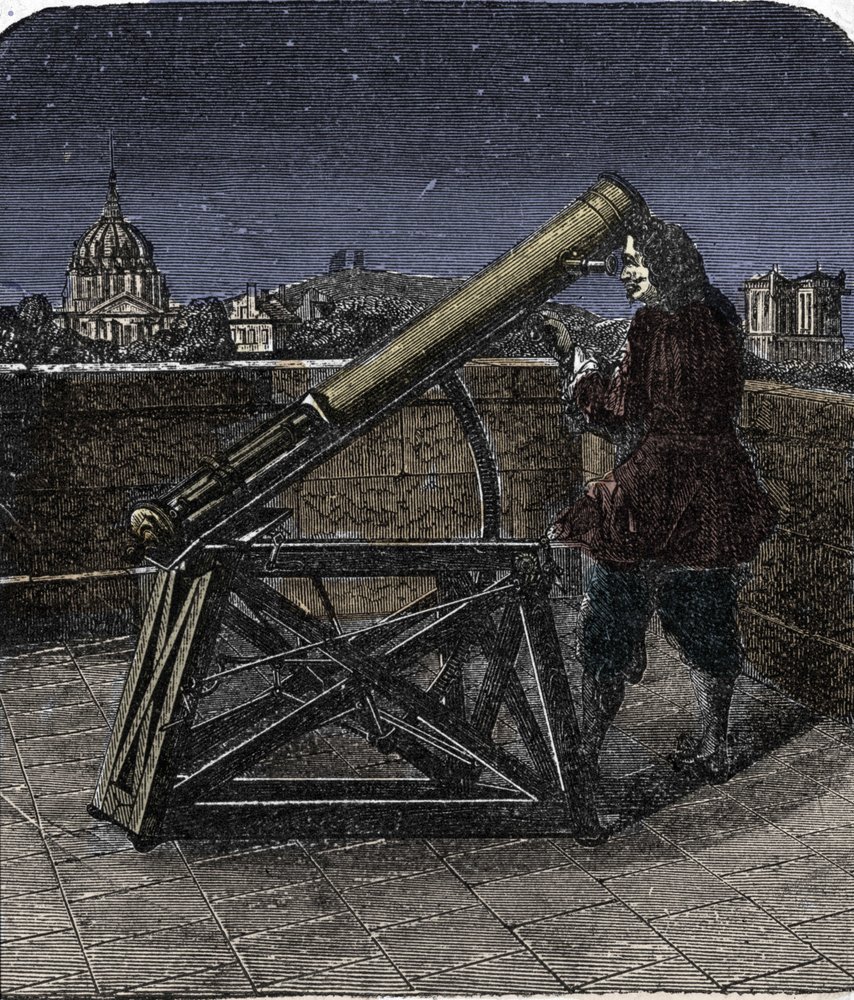 Isaac Newton using his telescope (1642-1727)