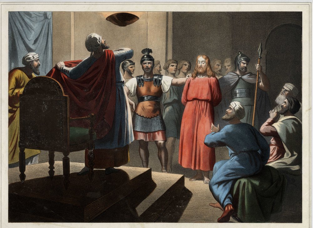 Jesus before Caiaphas by Unknown artist: Fine art print