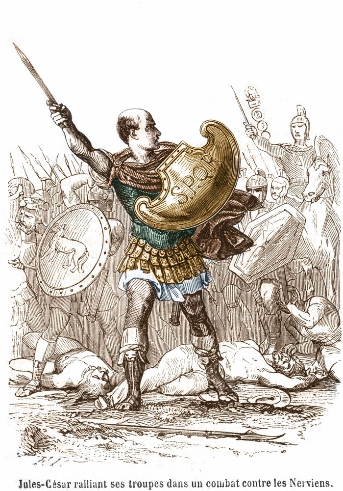 Julius Caesar rallying his troops in a fight against the Nerviens