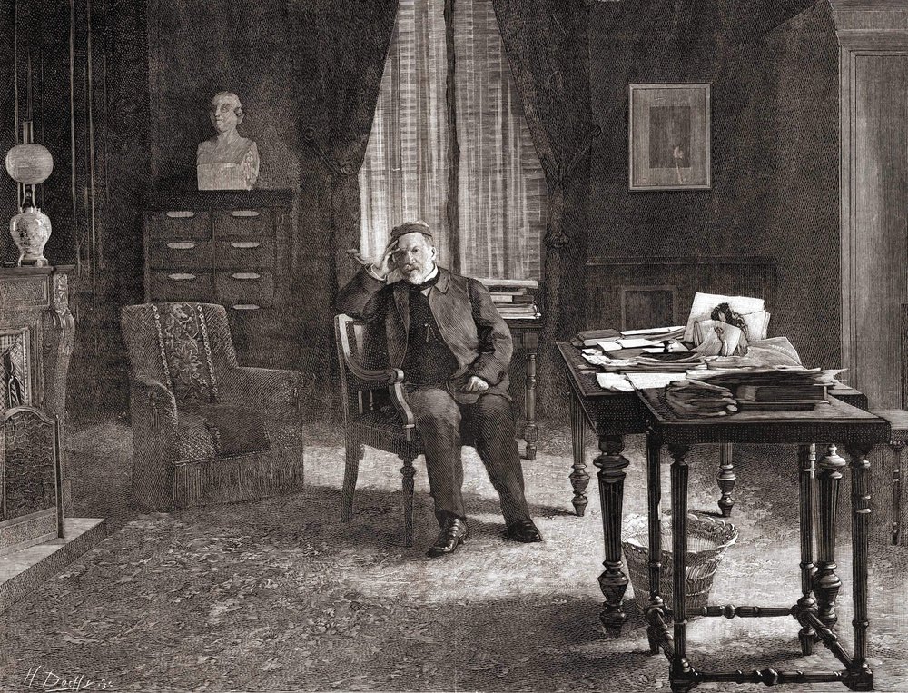 Louis Pasteur in his office at the institute. 19th century engraving