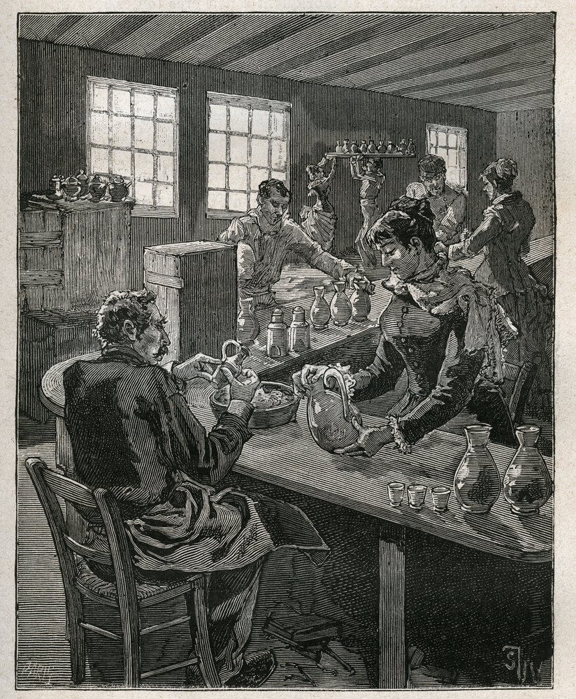 Pottery: filling pottery. Engraving from 1885 in 'Les arts et metiers ...