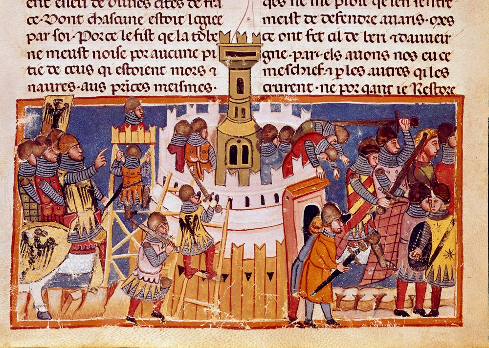 Siege of a fortified town from 'The Facts of the Romans' recounting the ...