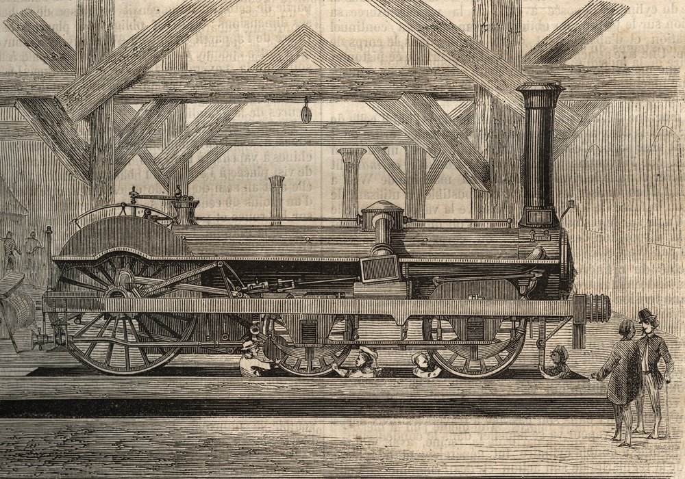 Steam Locomotive Model, Crampton System Named Thomas Russell Crampton. Engraving from 1856