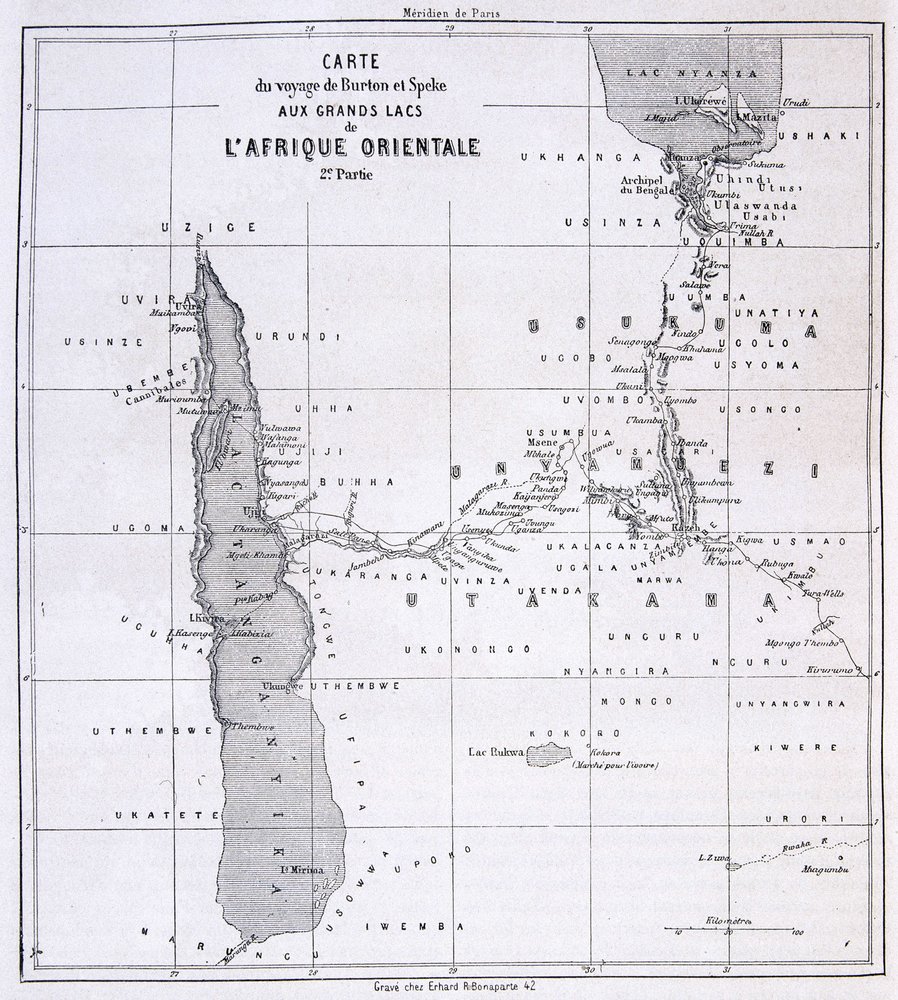 Travel map of Richard Francis Burton, British explorer and Speke to the ...