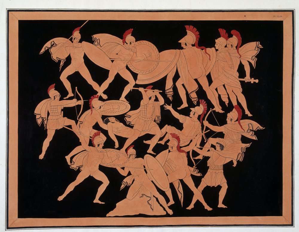Trojan War - in the center: Menelas defends the body of Patrocles from his shield, Ajax armed ...