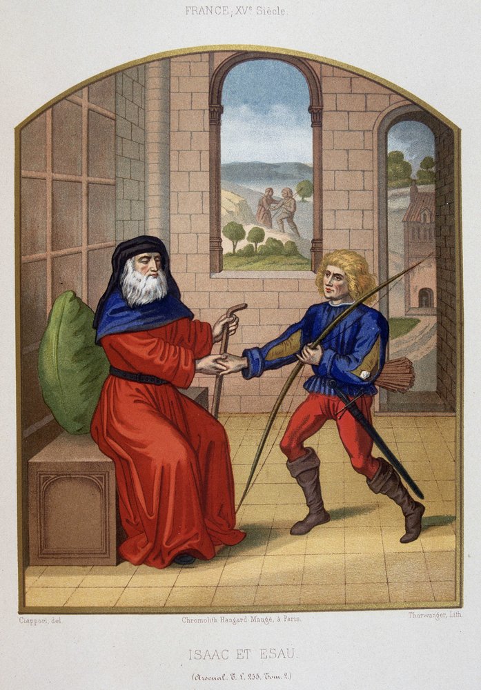 Esau with his hunting weapons and his father Isaac
