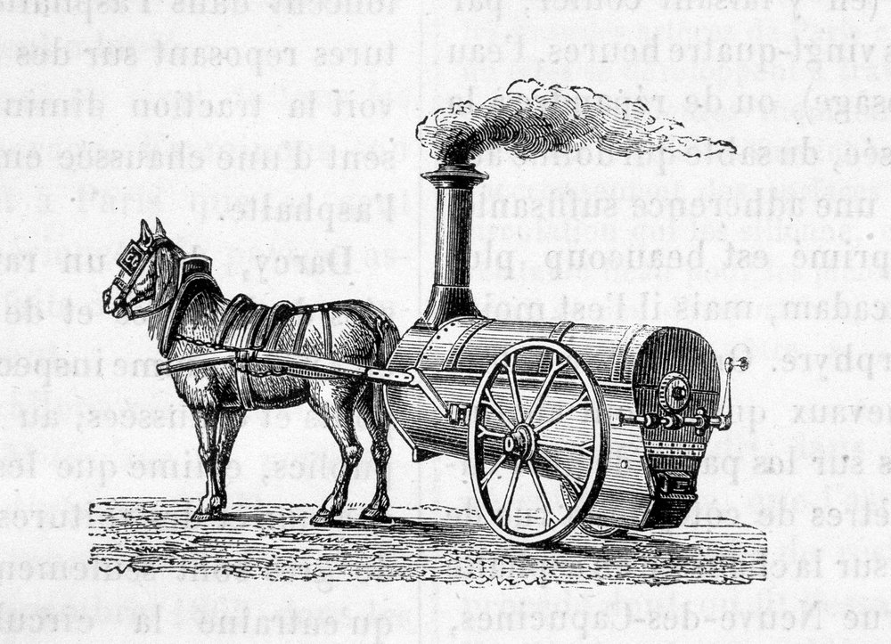 Horse Pulling a Steam Machine - in The Wonders of Industry by Figuier