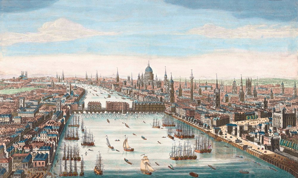 London in the 18th Century, View up the River Thames to London Bridge ...