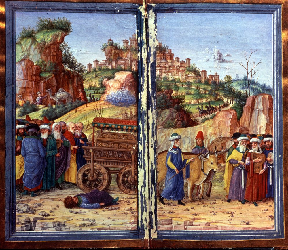 The carriage of the Holy Ark of the Covenant, followed by David playing ...