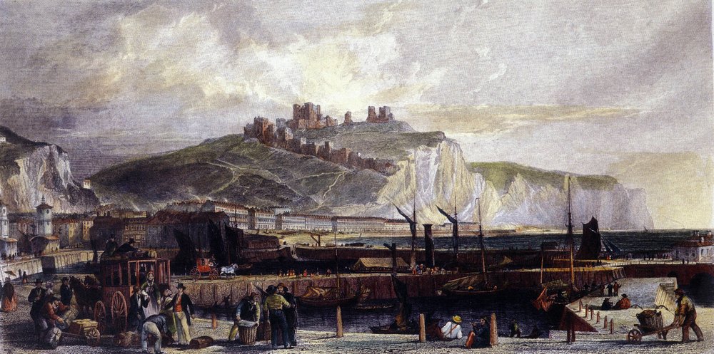 View of the city of Dover and its high white chalk cliffs in England. 1850