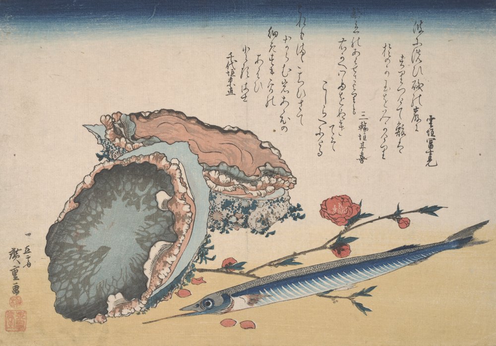Abalone, Half Beak, and Peach blossom by Utagawa Hiroshige