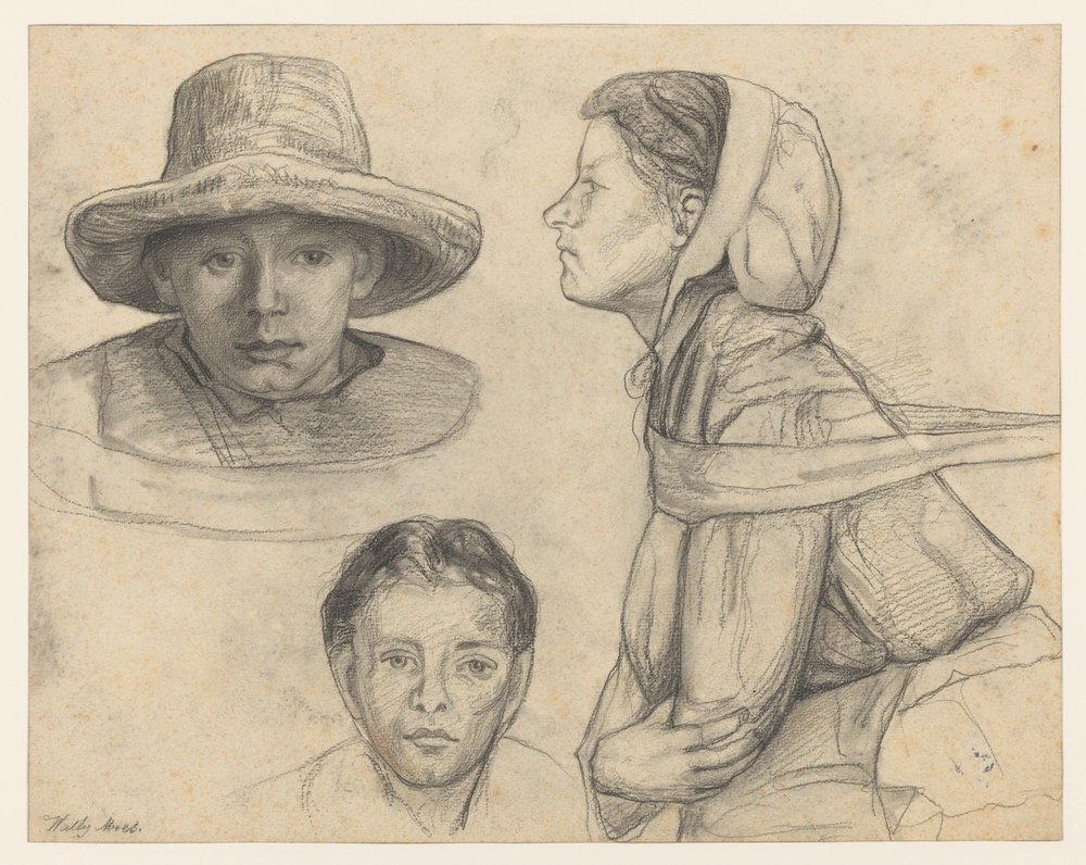 Study Sheet with Two Heads Facing Forward and a Female Figure Half ...