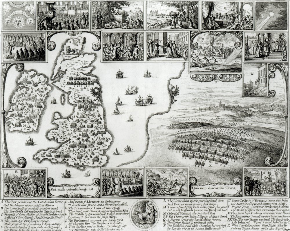 Map of Civil War England and a View of Prague, 1632