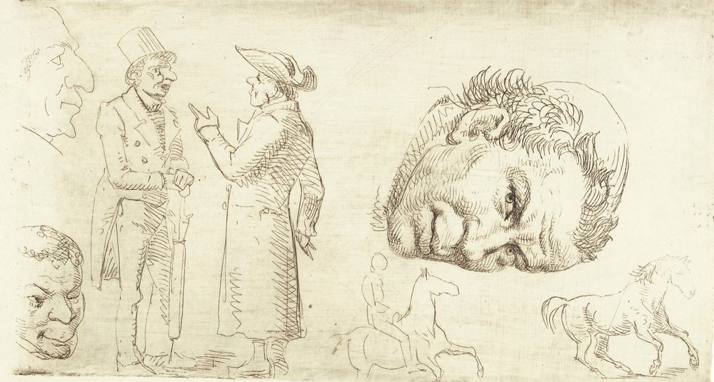 Second test sheet in stylography with monk's head, horses, etc.