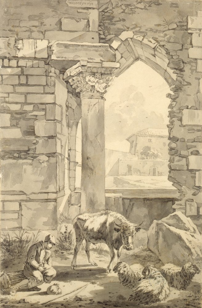 Shepherd with a Cow and Sheep in a Ruin, 1693