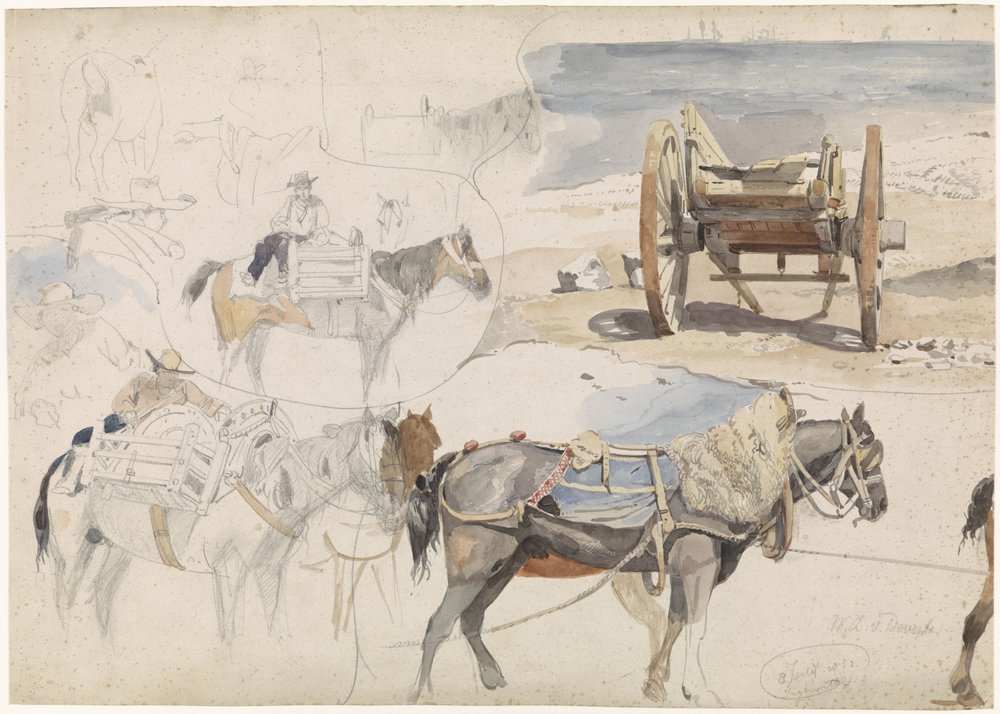 Study Sheet with Shell Cart on the Beach and Various Studies of Horses