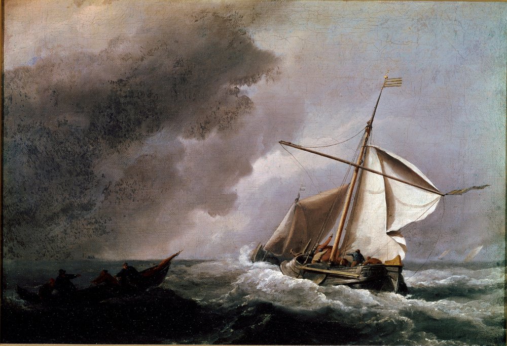 Dutch ship lowering sails waiting for a lifeboat. Painting by Willem ...