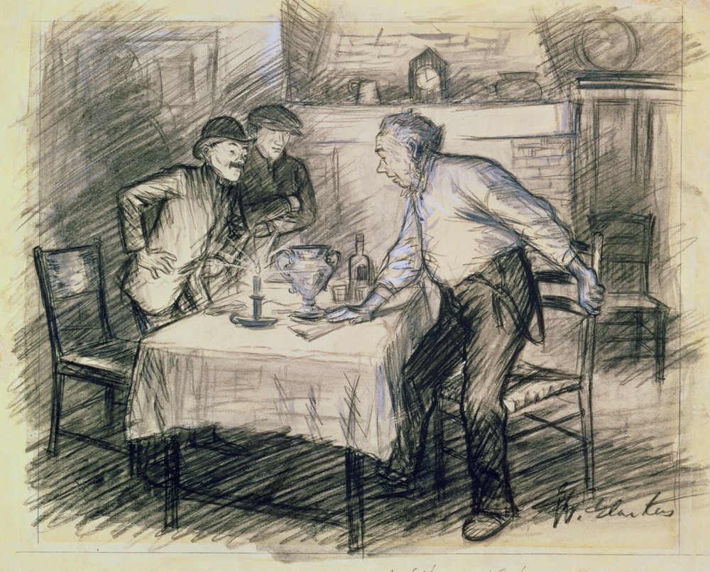 Interior with Three Men Getting Up from a Table